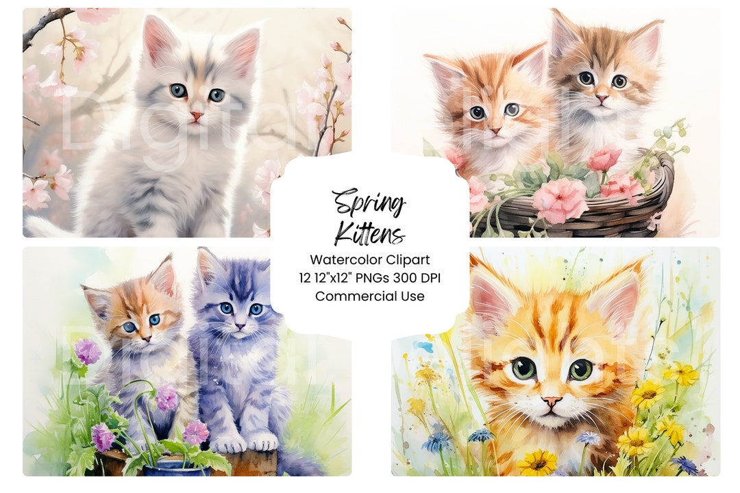 Cute Spring Kittens Flowers Clip Art Funny Cat Design Bundle Cat ...