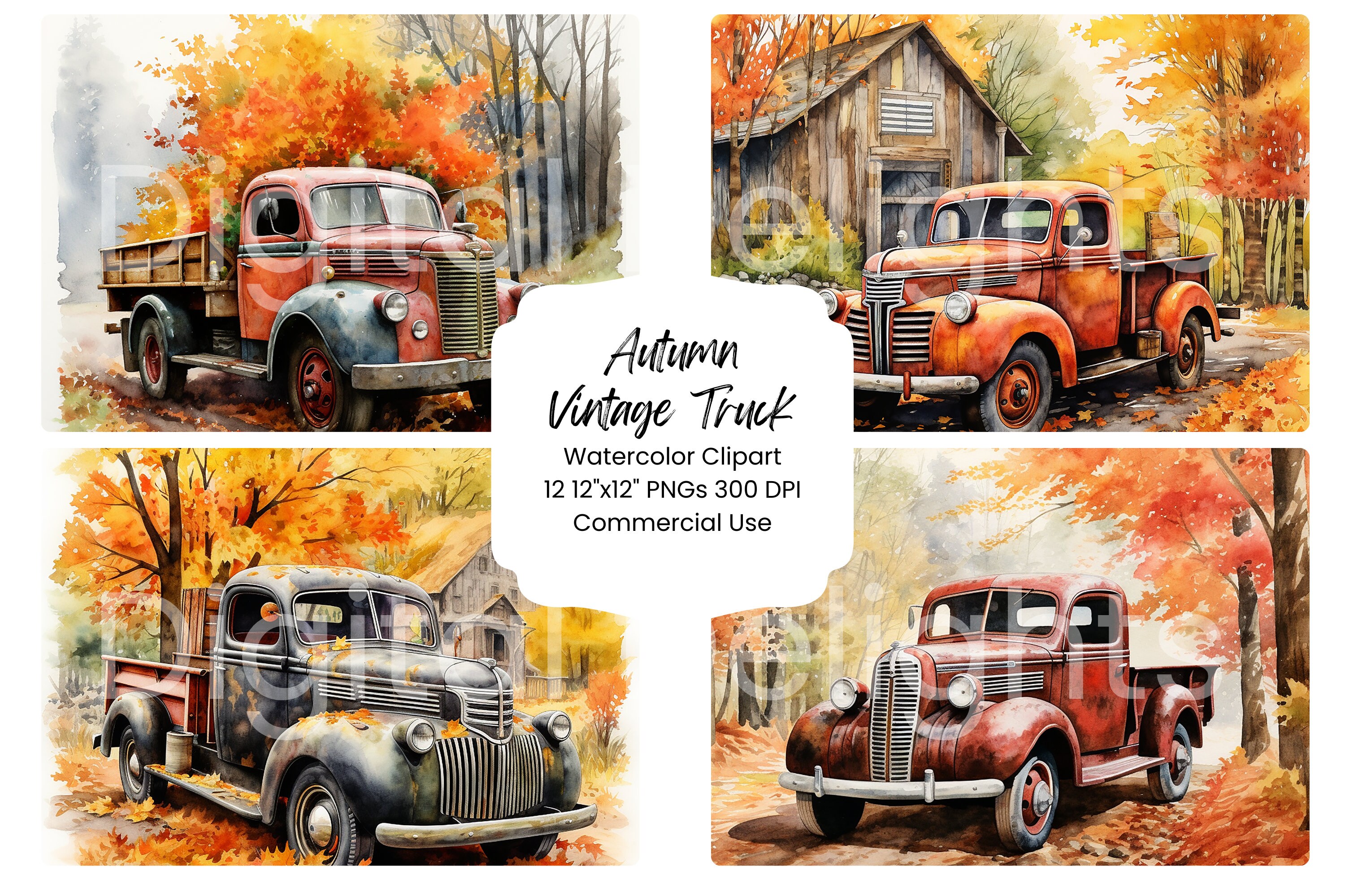 Autumn Vintage Truck Clipart Watercolor Digital Paper Bundle - Etsy