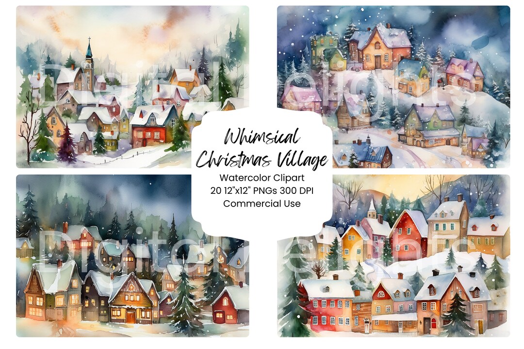 Whimsical Christmas Village Watercolor Digital Paper Bundle 20 PNG ...
