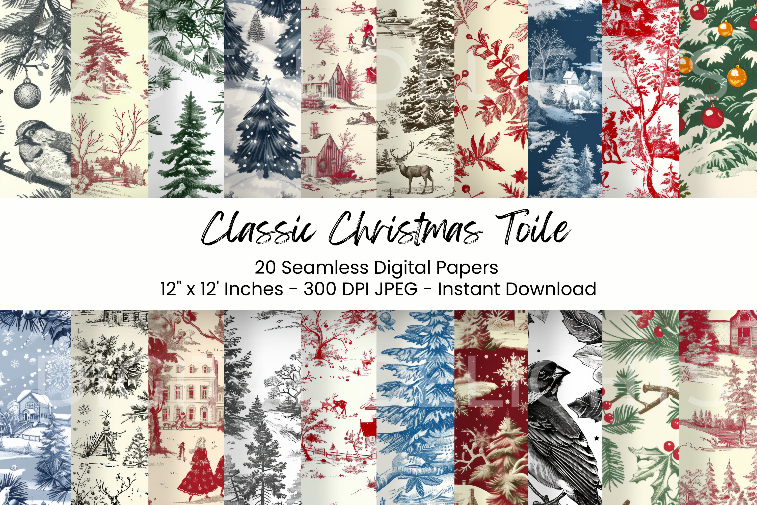 Vintage Christmas Toile Digital Paper: Seamless Holiday Patterns (20 ...