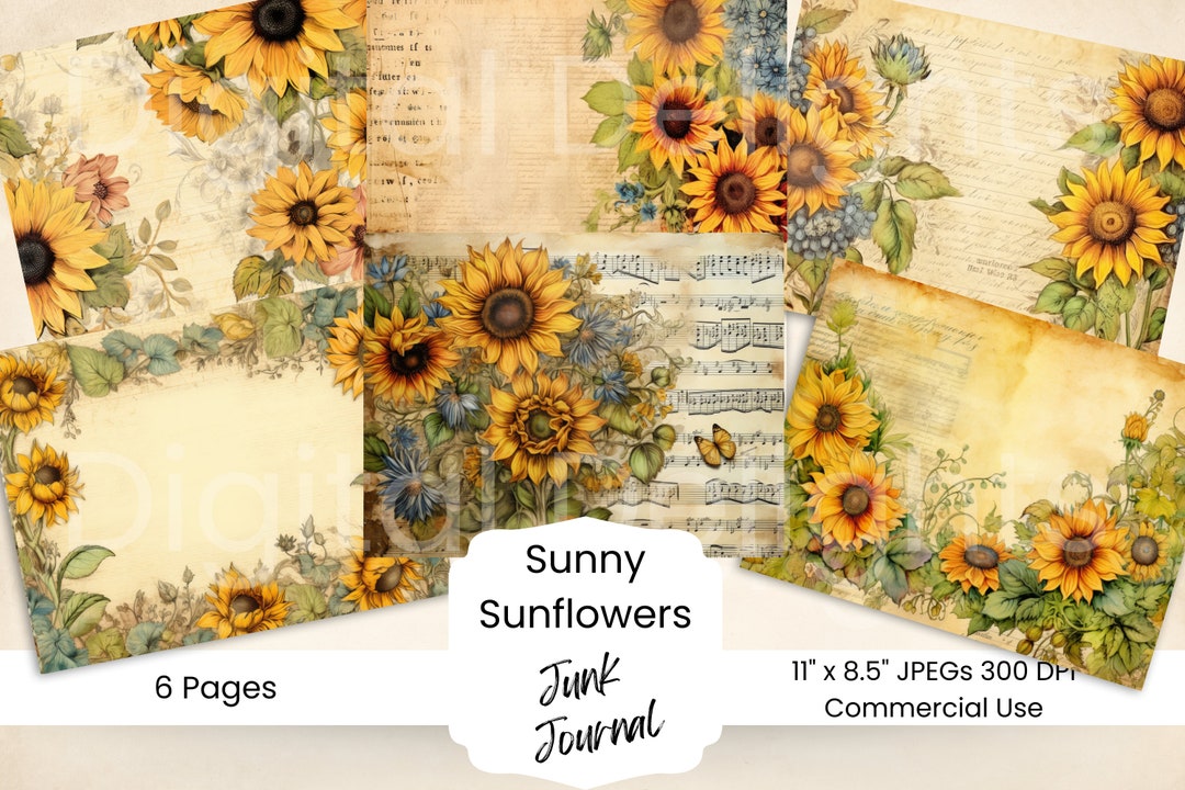 Sunflower Junk Journal Kit Digital Paper Yellow Floral 6 Digital ...