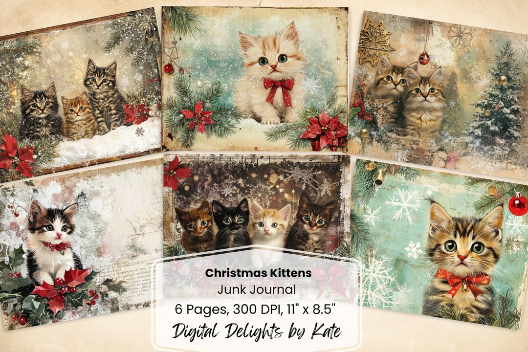 Christmas Kitten Junk Journal Pages: Holiday Scrapbook Paper (digital ...