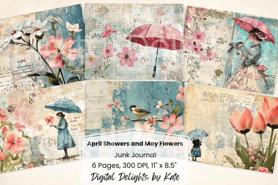 April Showers May Flowers Digital Junk Journal Pages, Vintage Spring ...