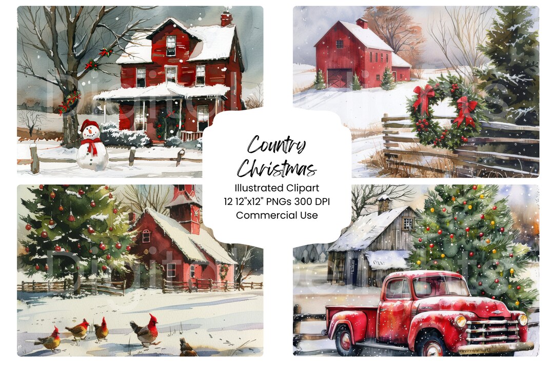 Country Christmas Country Clipart Watercolor Digital Paper Bundle 12 ...
