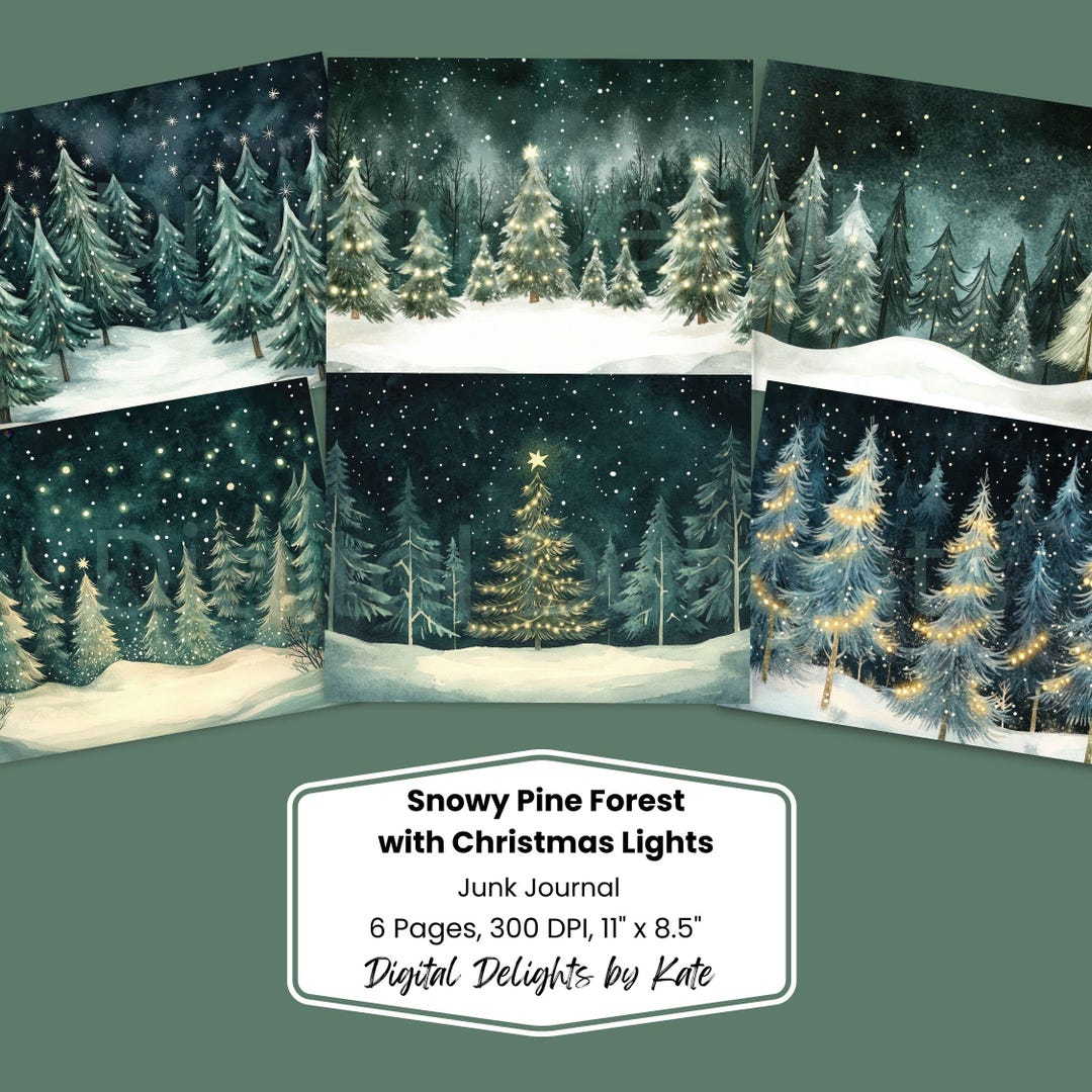 Snowy Pine Forest With Christmas Lights – Junk Journal Kit (digital ...
