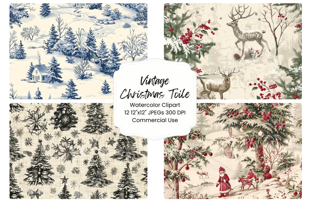 Vintage Christmas Toile Watercolor Digital Paper Bundle 12 JPEG Holiday ...