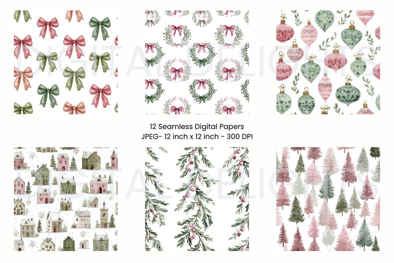 Shabby Chic Christmas Digital Paper Pack: Watercolor Holiday Seamless ...
