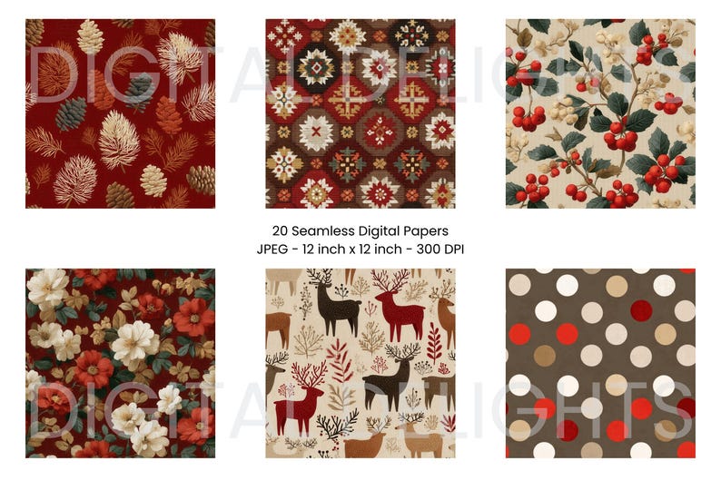 Christmas Digital Paper Pack: Rustic Holiday Seamless Patterns (20 ...