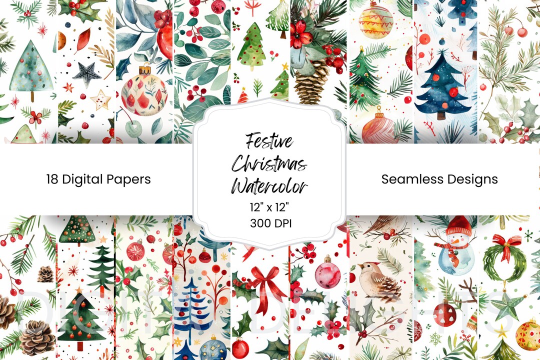 Printable Watercolor Christmas Digital Paper, Christmas Ephemera ...