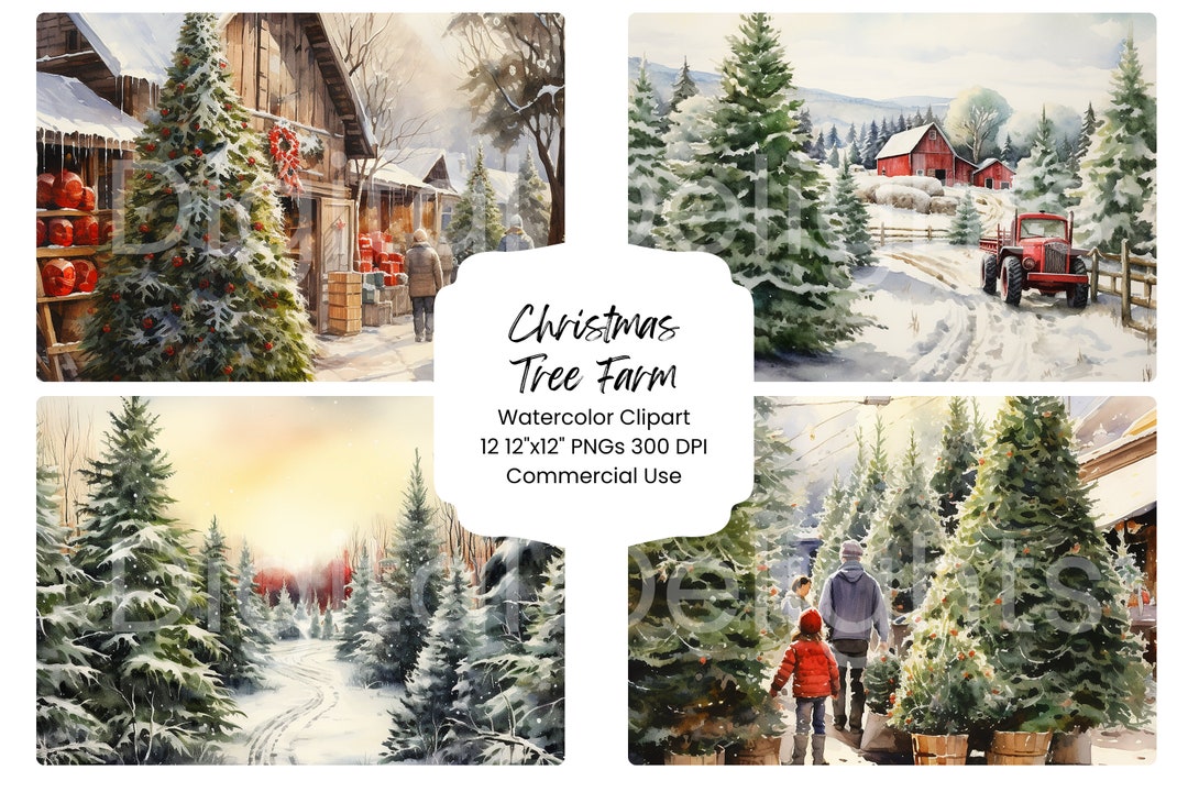 Christmas Tree Farm Clipart: Watercolor Holiday PNG Bundle (digital ...