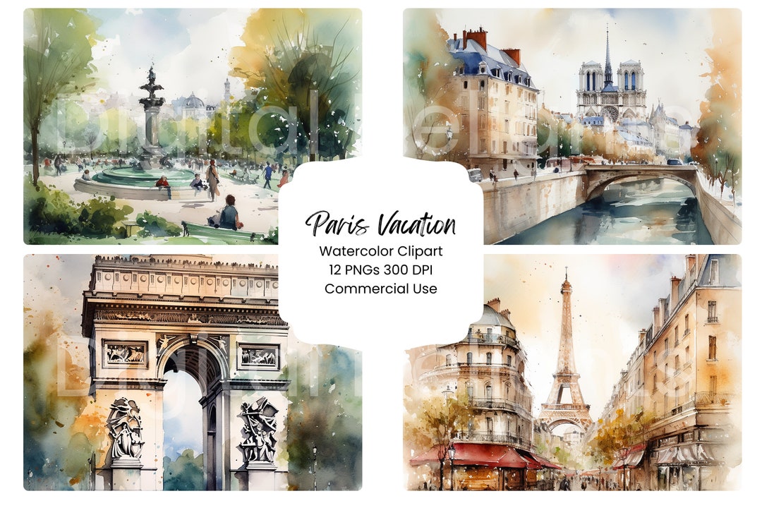 Paris Vacation Watercolor Digital Paper Bundle 12 PNG JPG Files ...