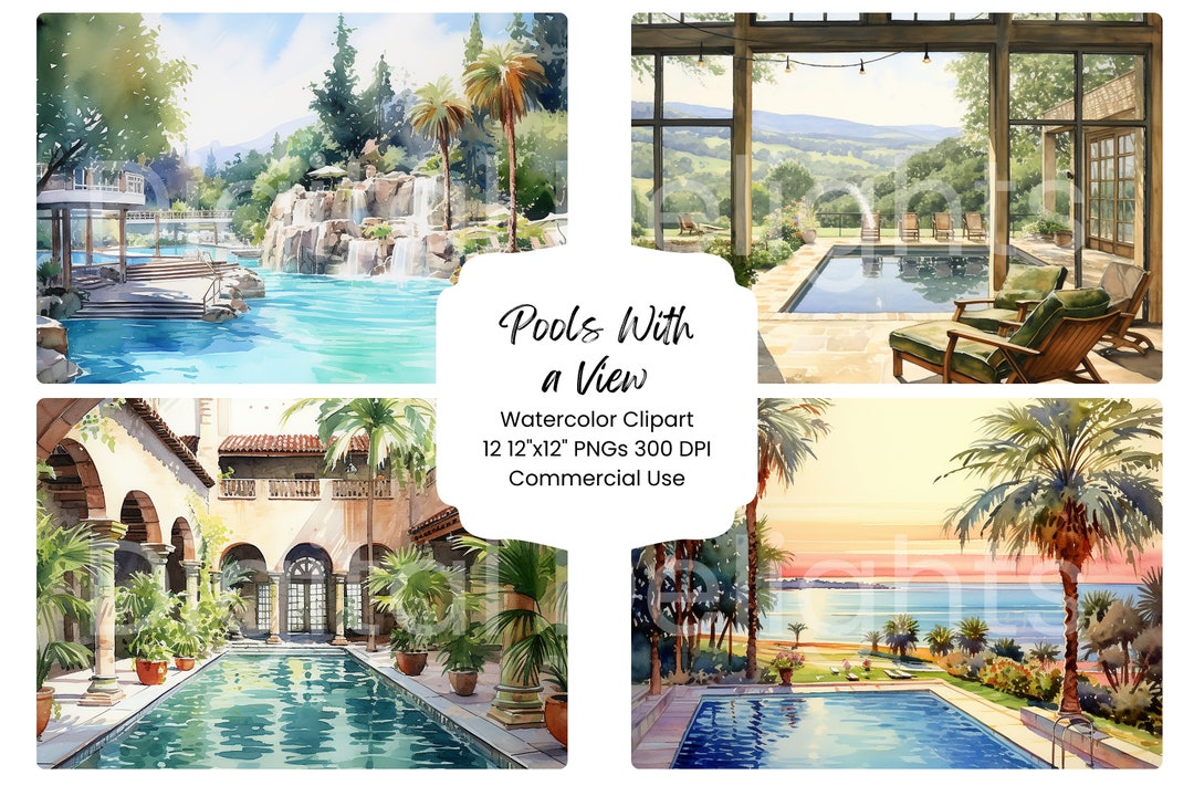 Pools With a View Watercolor Digital Paper Bundle 12 PNG Files Swimming ...