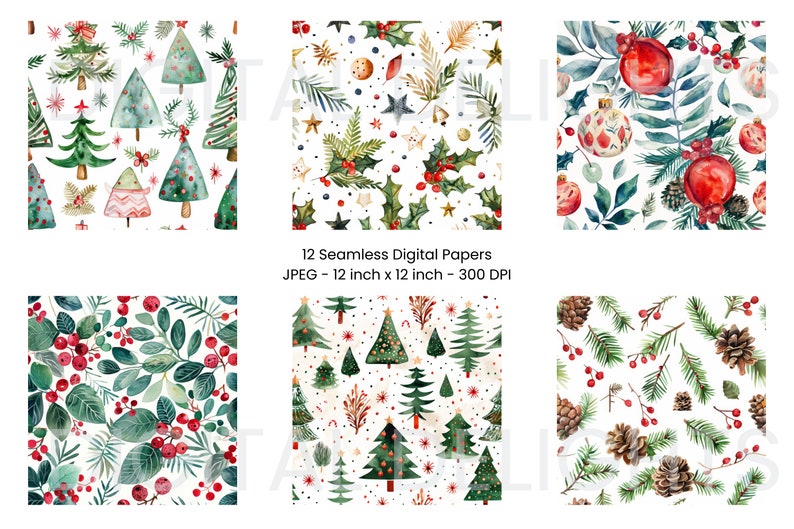Christmas Watercolor Seamless Patterns, Festive Scrapbook Digital Paper ...