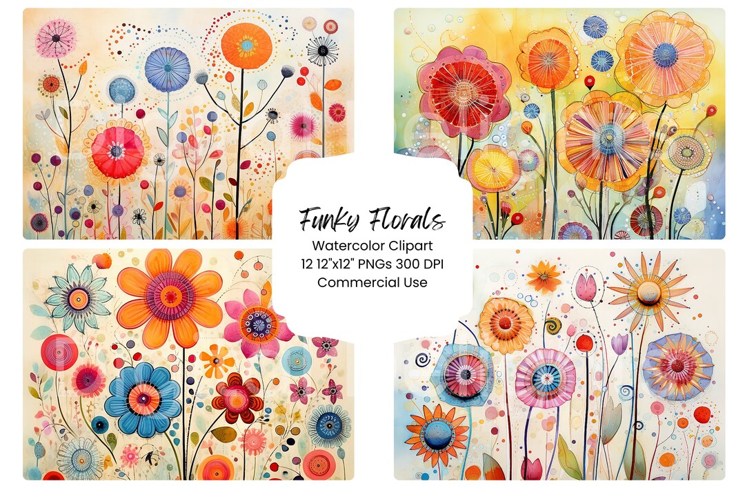 Funky Florals Digital Paper Bundle 12 PNG Files Bright Fun Watercolor ...