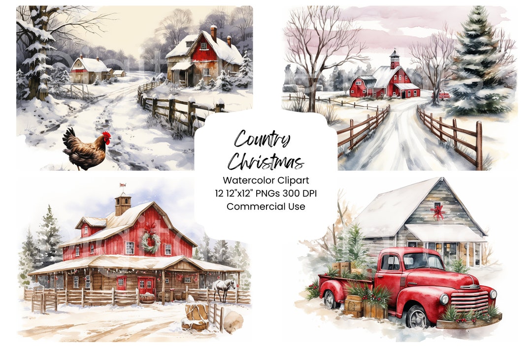 Quiet Country Christmas Clipart Watercolor Digital Paper Bundle 12 PNG ...