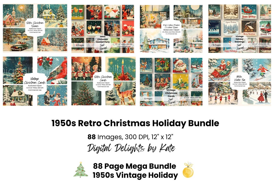 1950s Retro Christmas Printable Bundle: Vintage Holiday Art Pack (88 ...