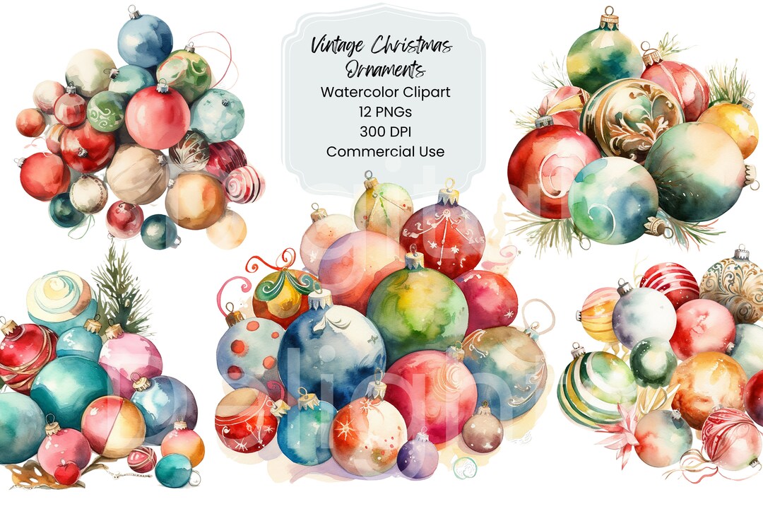 Vintage Christmas Ornament Clipart Watercolor Digital Paper Bundle 12 ...