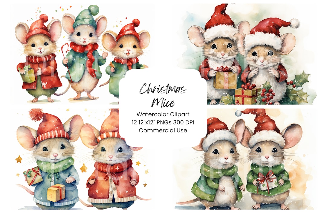 Cute Christmas Mice Clipart Watercolor Digital Paper Bundle 12 PNG ...