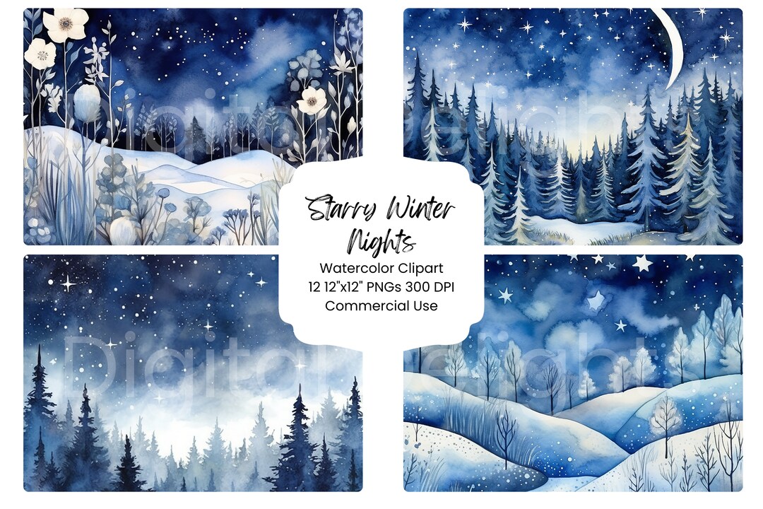 Starry Winter Night Clipart Watercolor Digital Paper Bundle 12 PNG ...