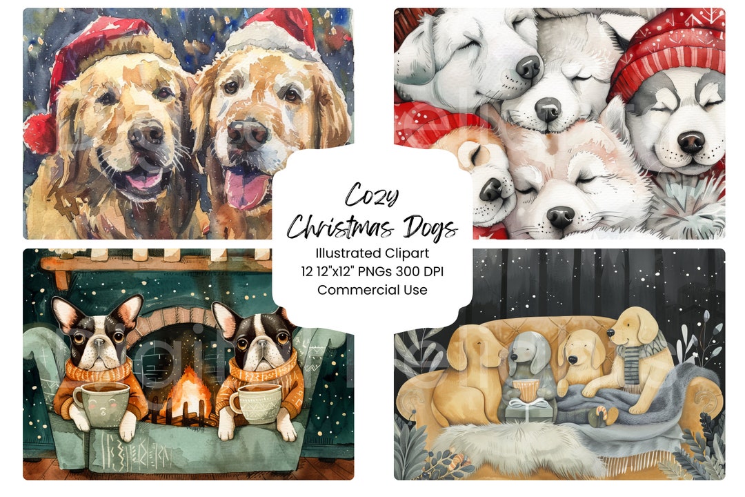 Cozy Dogs Christmas Clipart Watercolor Digital Paper Bundle 12 JPEG ...