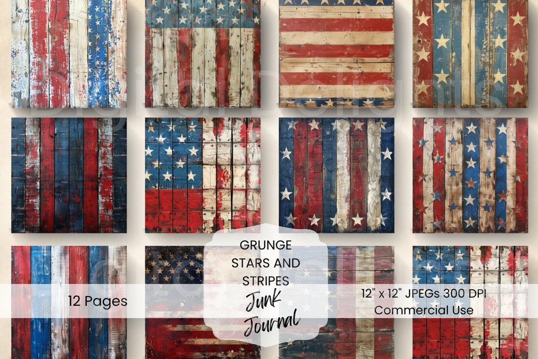Grunge Stars and Stripes Digital Paper: 4th of July Junk Journal (12 ...