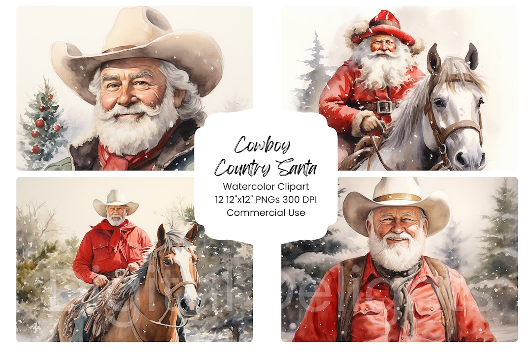Cowboy Santa Western Country Party Clipart Watercolor Digital Paper ...