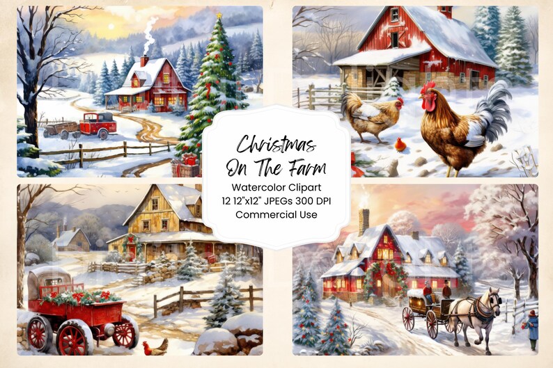 Christmas Farm Watercolor Clipart: Barn, Tree, Tractor (digital Paper ...