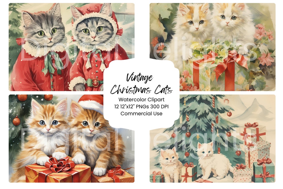 Vintage Cat Christmas Clipart: Watercolor PNG Bundle (digital Download ...
