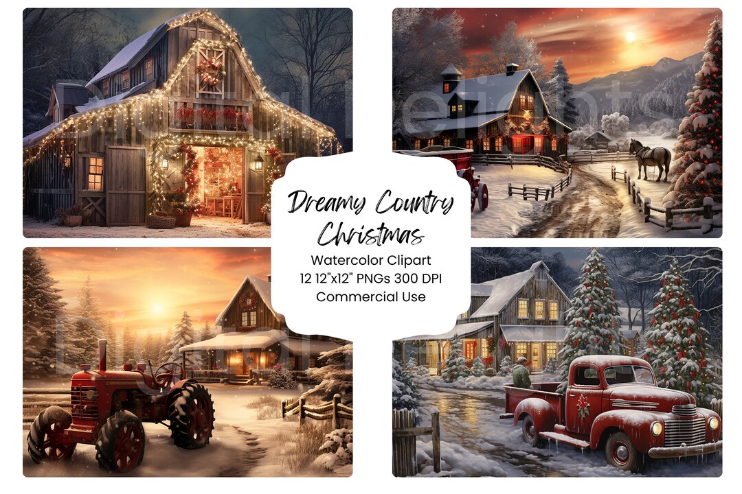 Dreamy Country Christmas Clipart Watercolor Digital Paper Bundle 12 PNG ...