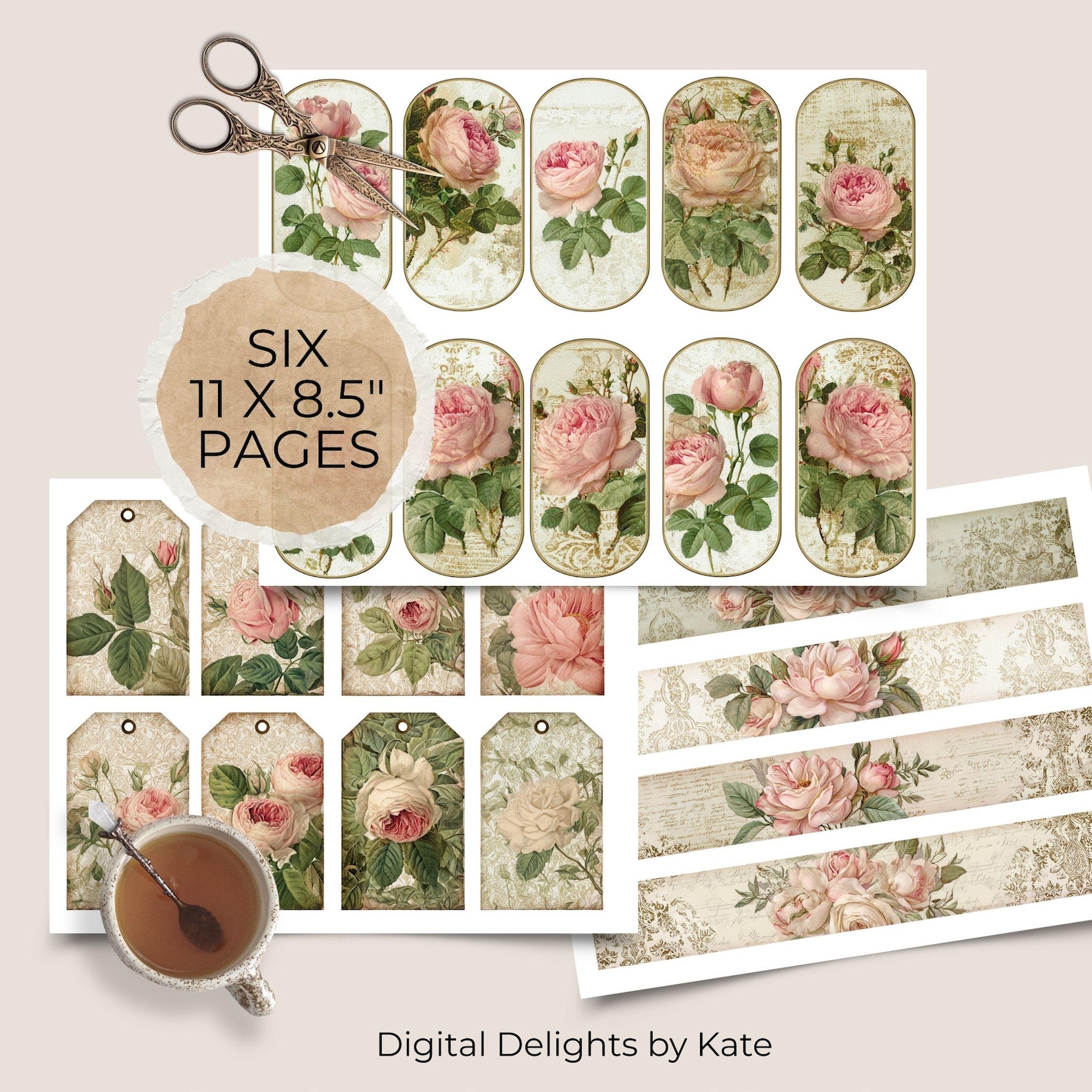 Antique Rose Tags and Labels | Junk Journal Ephemera (digital) - Etsy