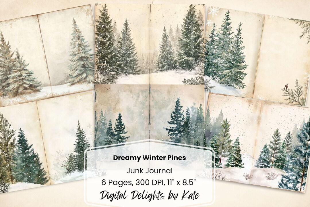 Dreamy Winter Pines Junk Journal Pages: Snowy Forest Backgrounds ...