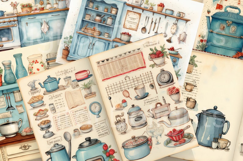 Blue Vintage Kitchen Junk Journal Kit: Retro Recipe Pages (digital ...