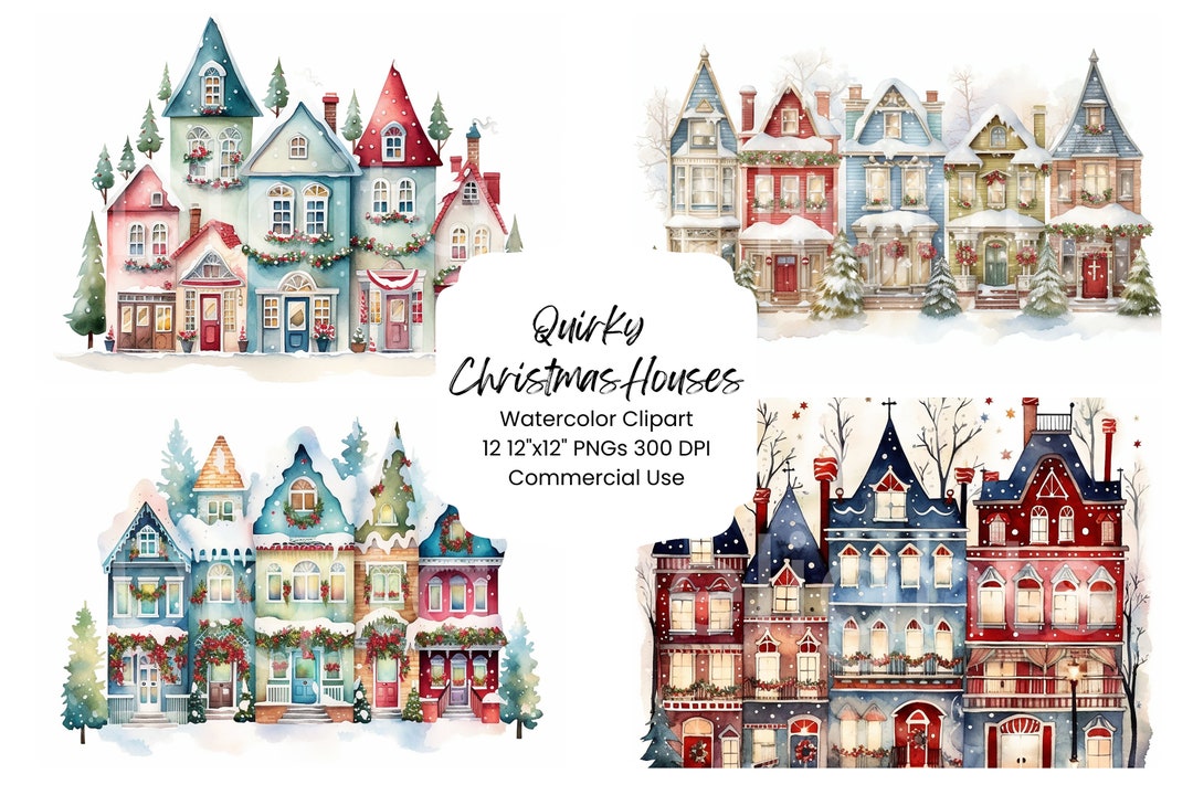Watercolor Christmas Houses Digital Paper: Holiday Town Clipart (PNG ...