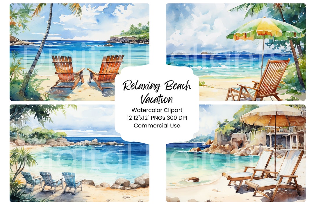 Beach Vacation Watercolor Digital Paper Bundle 12 PNG Files Watercolor ...