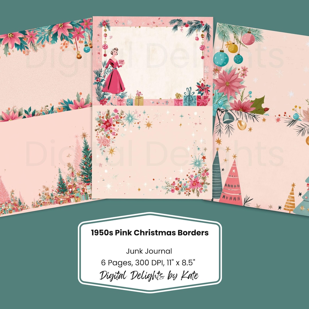 1950s Pink Christmas Borders: Retro Junk Journal Kit (digital Download ...