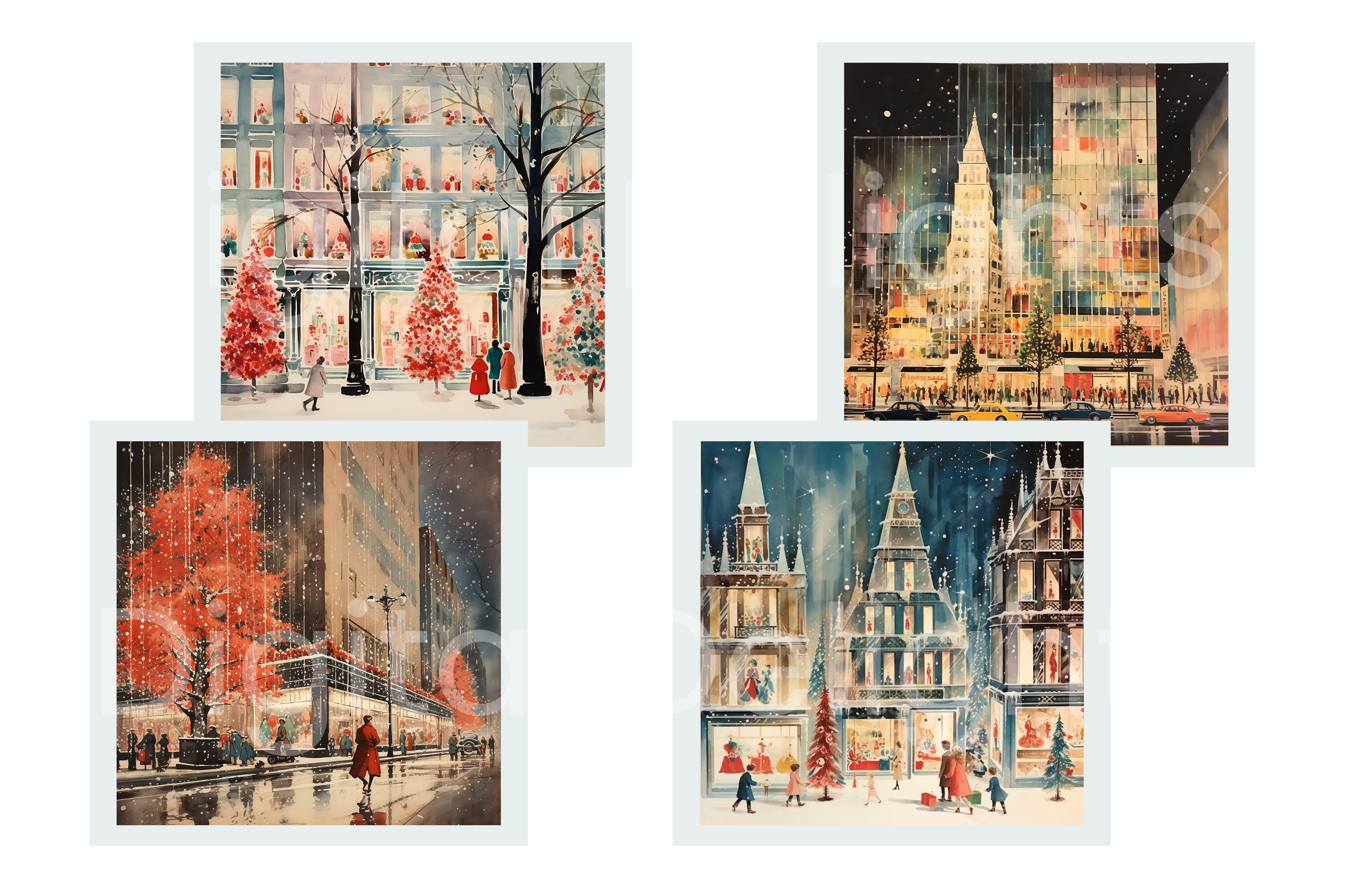 Retro Christmas Shopping Clipart: Watercolor PNG Bundle (digital ...