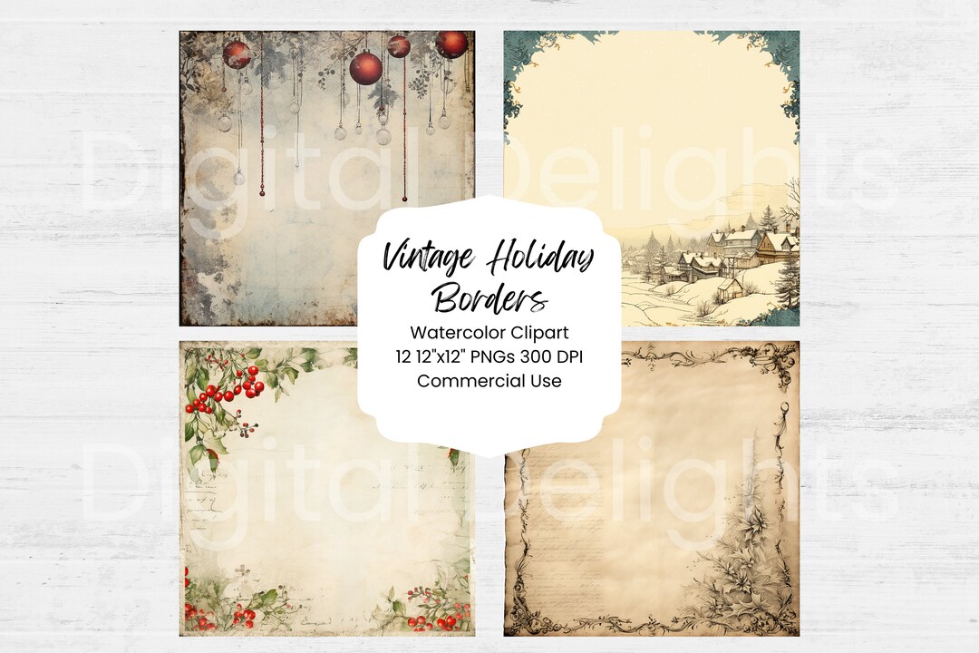 Vintage Holiday Border Clipart: Christmas Journal PNG Bundle (digital ...