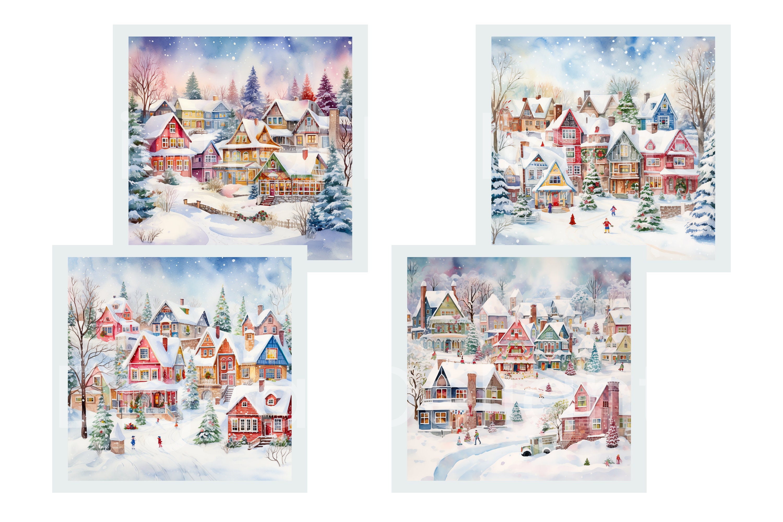 Colorful Snowy Winter Village Watercolor Digital Paper Bundle - Etsy