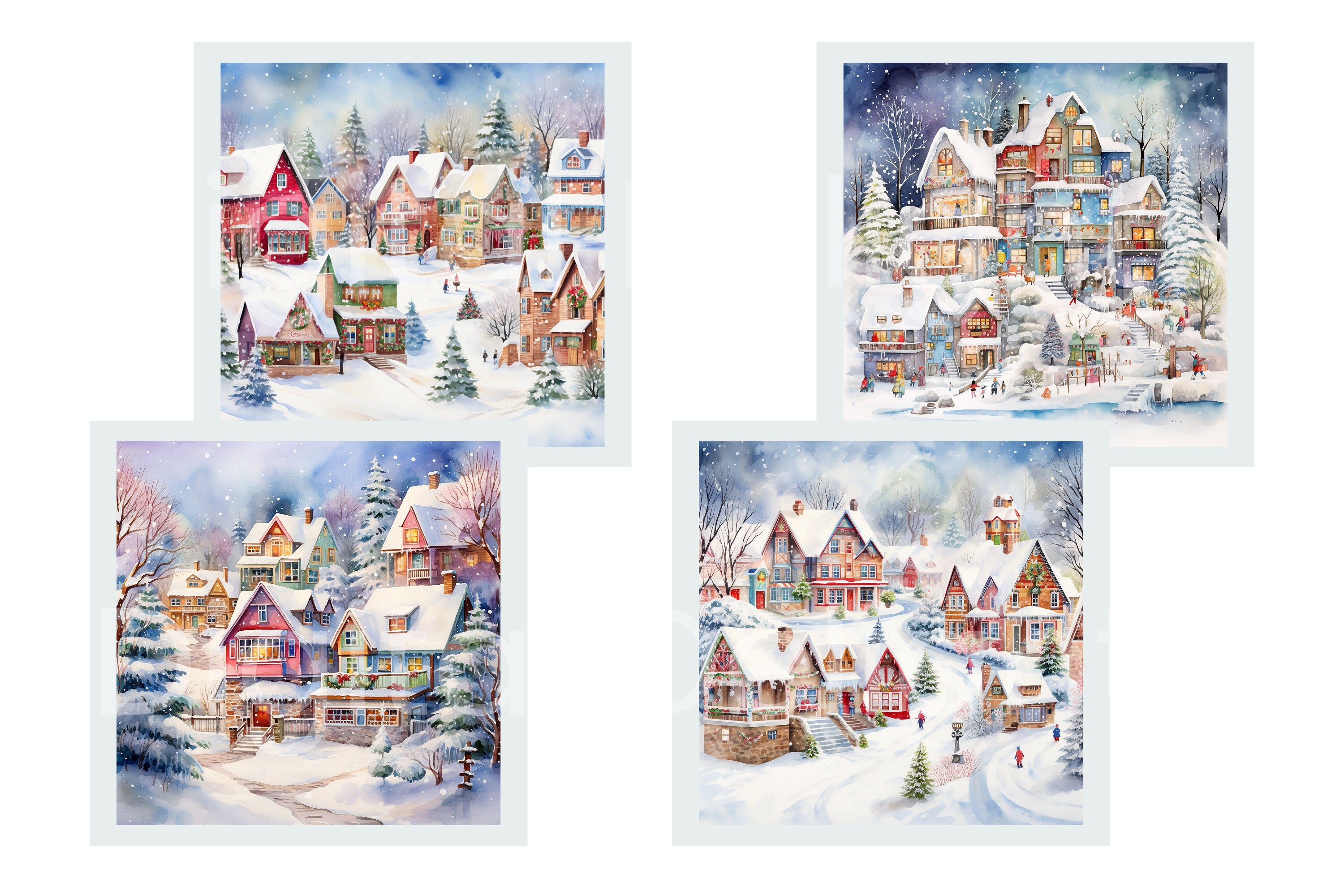 Colorful Snowy Winter Village Watercolor Digital Paper Bundle - Etsy