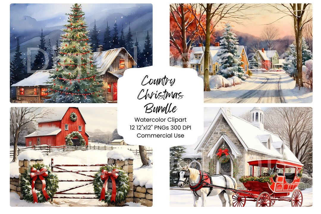 Country Christmas Clipart: Watercolor Barn, Holiday PNG Bundle (digital ...