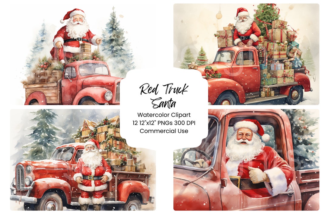Red Truck Santa Country Christmas Clipart Watercolor Digital Paper ...