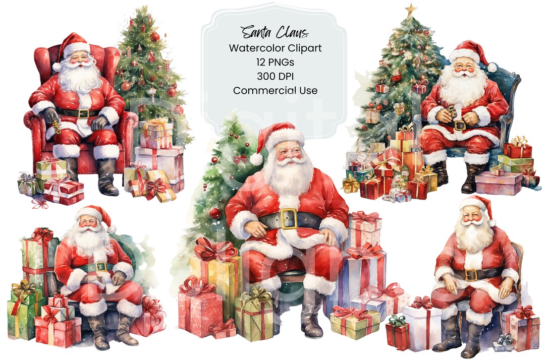 Santa Claus Clipart Watercolor Digital Paper Bundle 12 JPEG Holiday ...