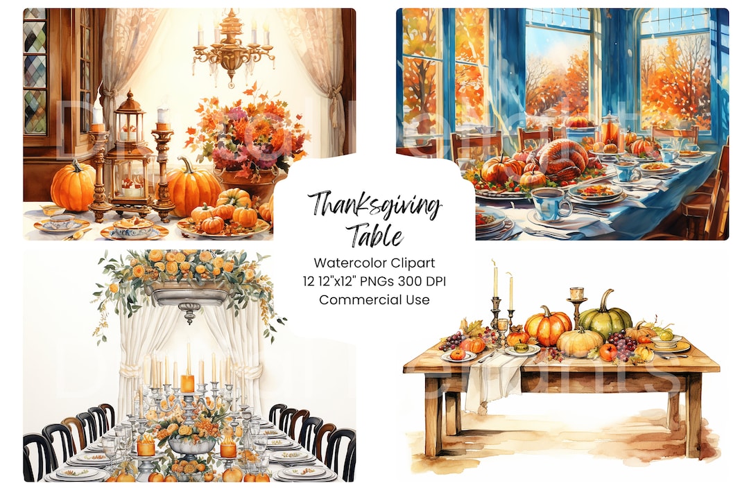 Thanksgiving Table Clipart Watercolor Digital Paper Bundle 12 PNG Fall ...