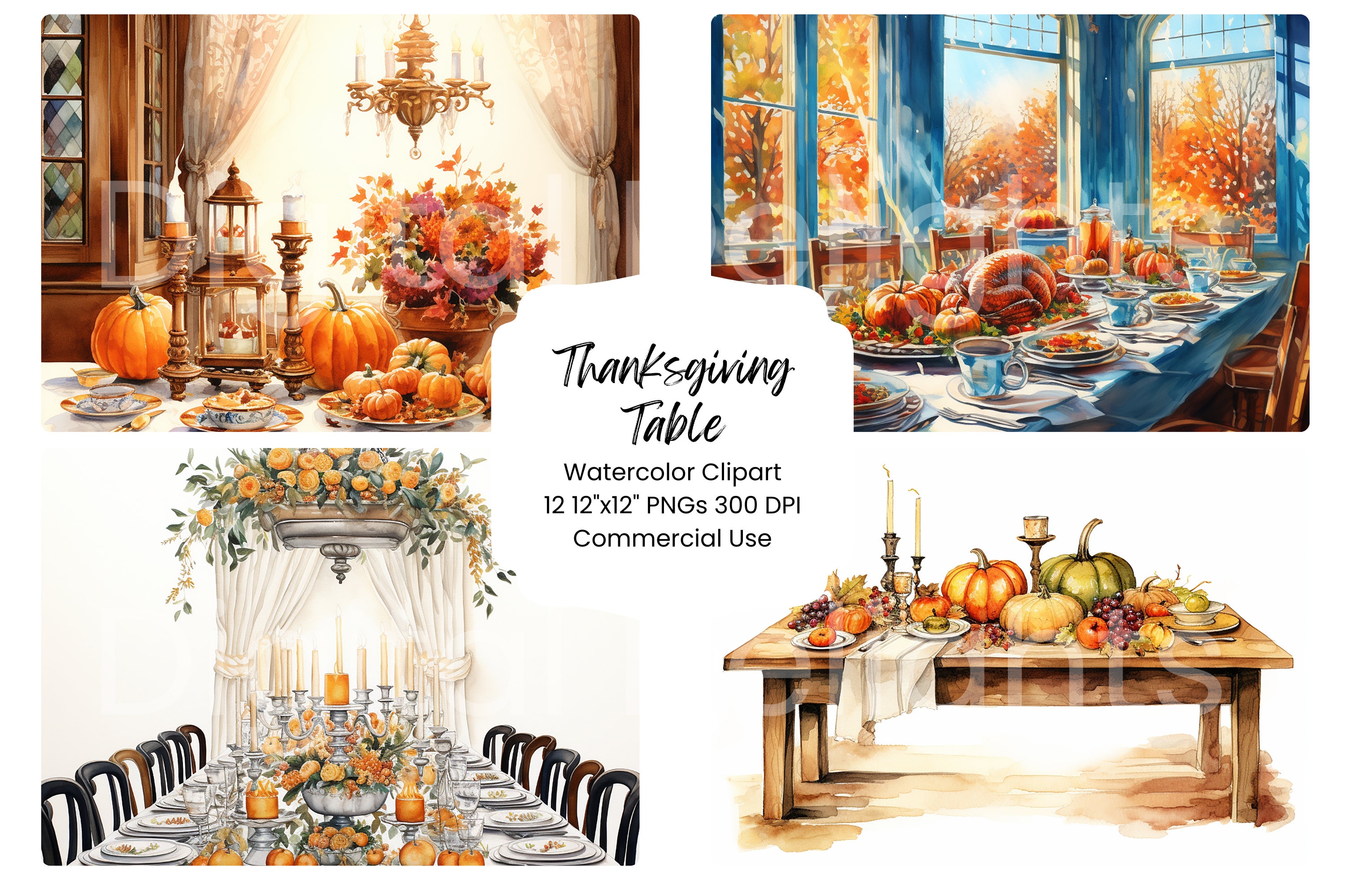 Thanksgiving Table Clipart Watercolor Digital Paper Bundle 12 - Etsy