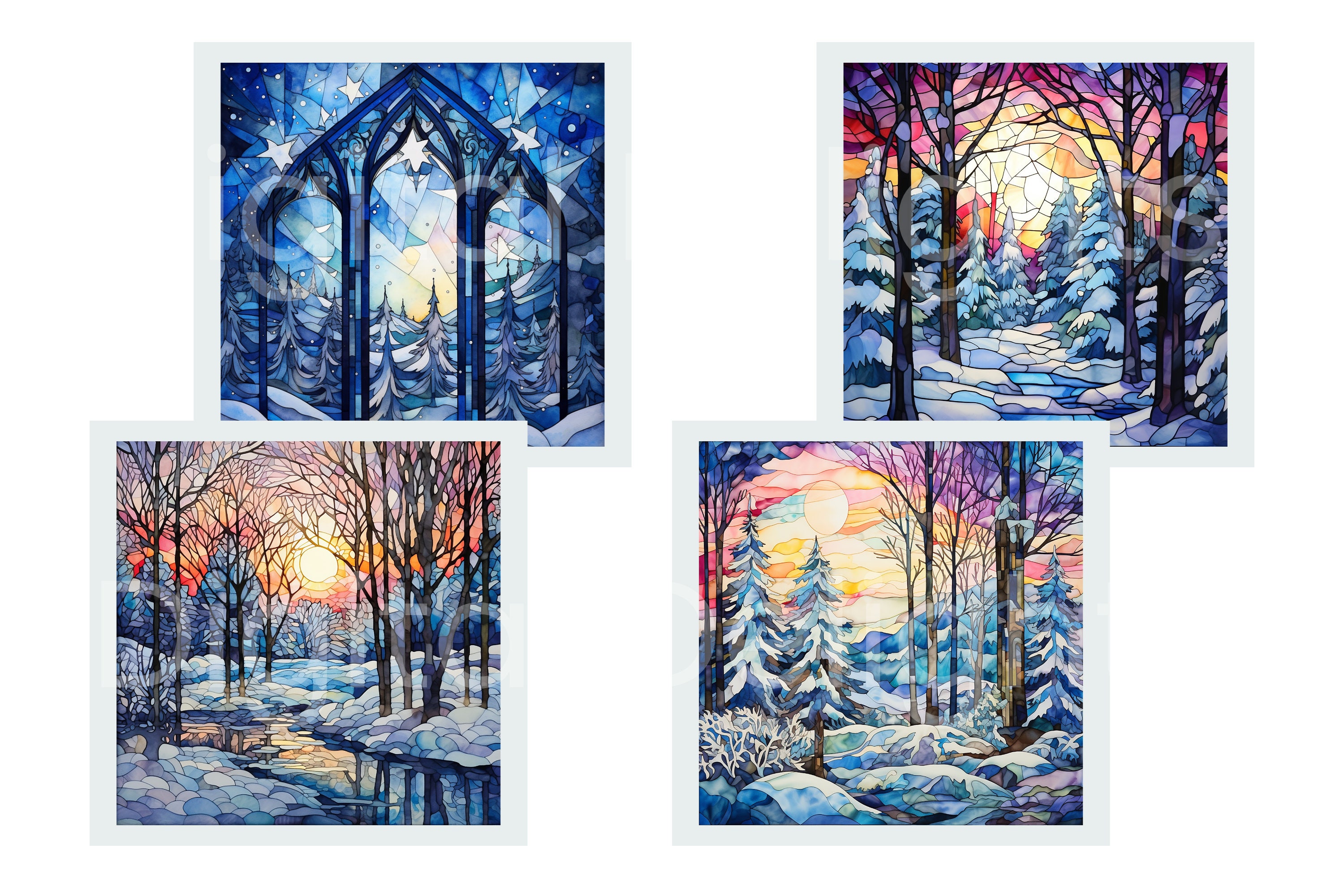 Winter Stained Glass Clipart Watercolor Digital Paper Bundle - Etsy
