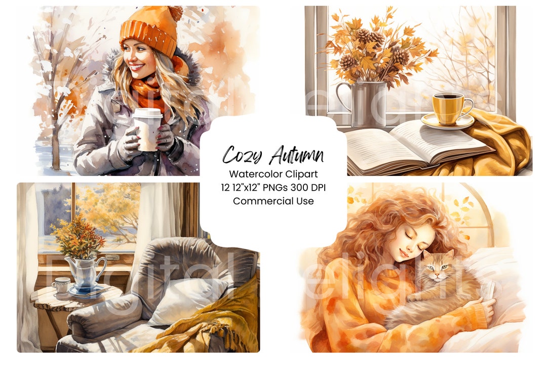 Cozy Autumn Clipart Watercolor Digital Paper Bundle 12 PNG Fall Books ...