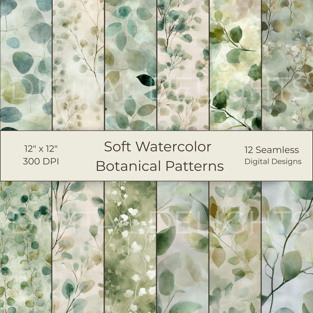 Soft Watercolor Botanical Patterns – Seamless Moody Botanical Wash ...