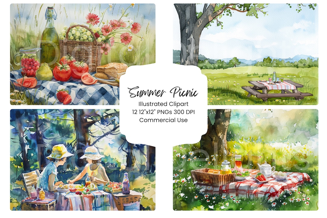 Summer Picnic Outdoors Watercolor Digital Paper Bundle 12 JPG Files ...