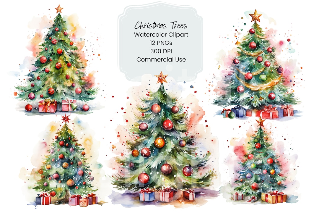 Christmas Tree Clipart Watercolor Digital Paper Bundle 12 JPEG Holiday ...