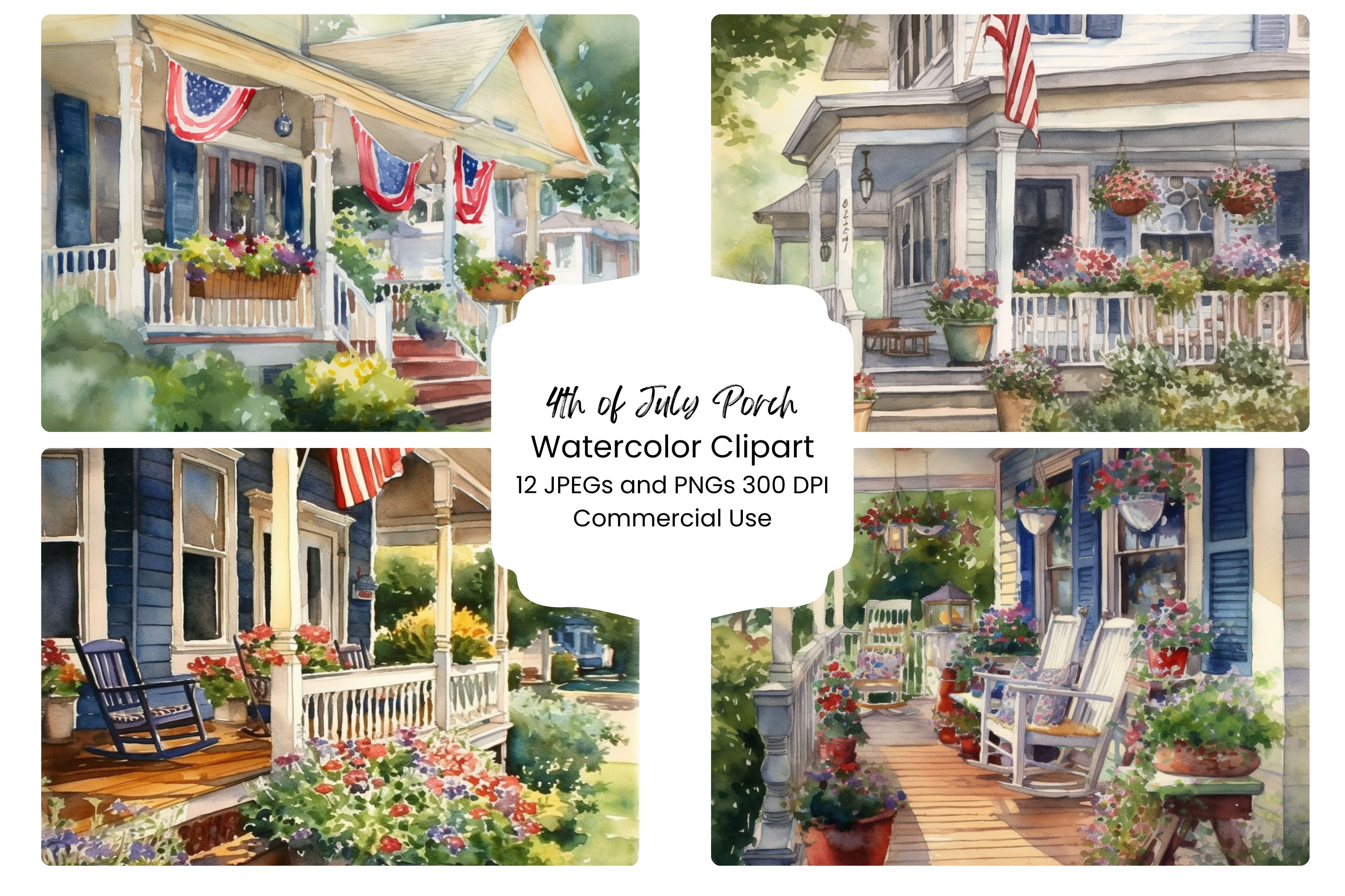 4th of July Front Porch Watercolor Clipart: Patriotic PNG JPG Bundle - Etsy